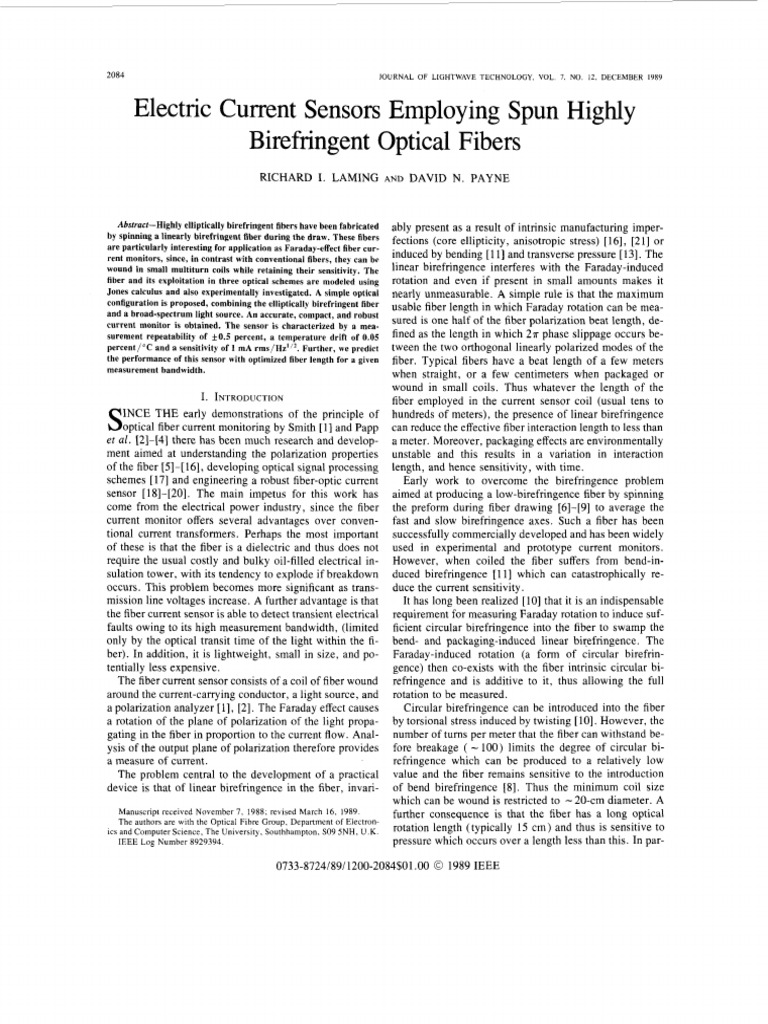 07 - Electric Current Sensors Employing Spun Highly Birefringent Optical Fibers (1989) | PDF ...