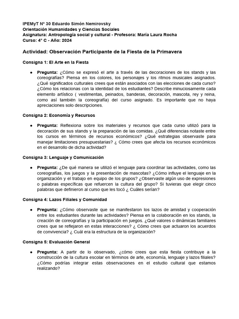 Antropología 4C - Actividad- Observación Participante de La Fiesta de La Primavera | PDF ...