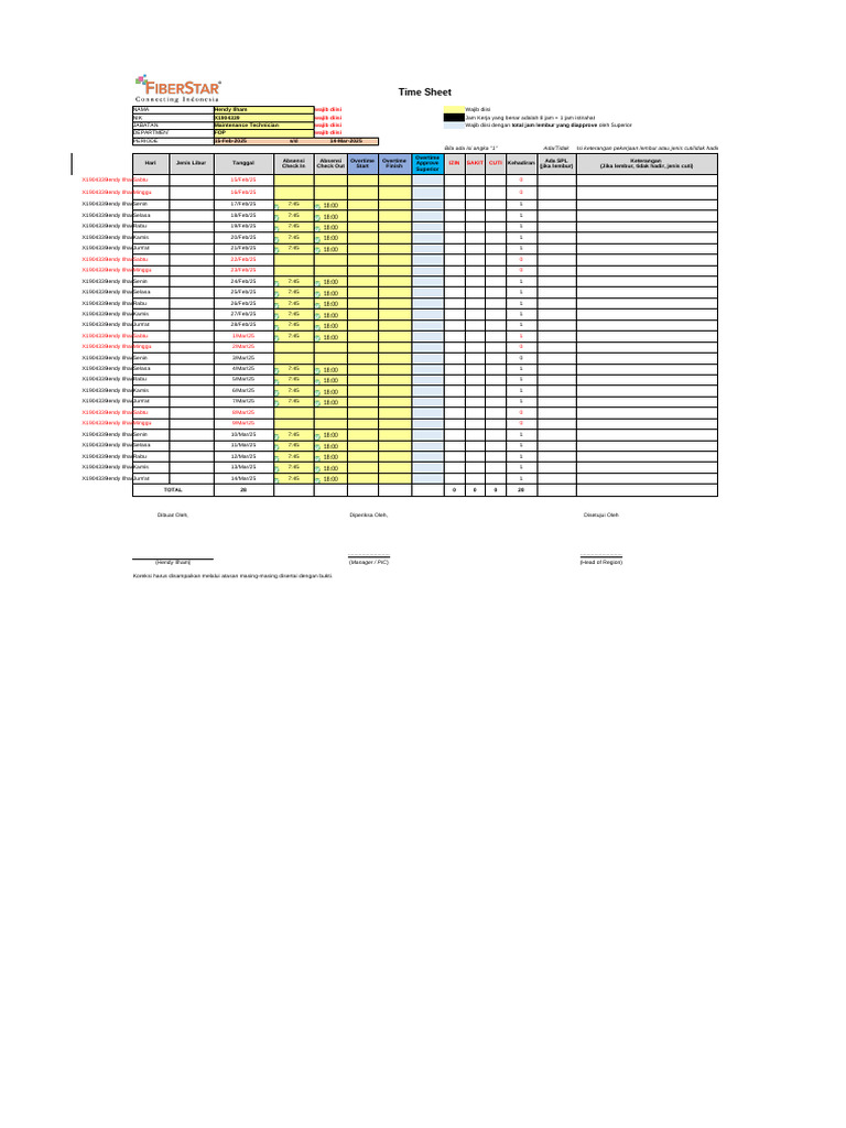 Hendy Ilham Timesheet Manual Absen & Lembur NEW Ver5 15 Feb-14 Mar 2025 | PDF