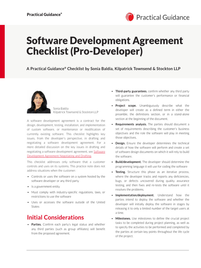 Software Development Agreement Checklist ProDeveloper | PDF | Indemnity | Software