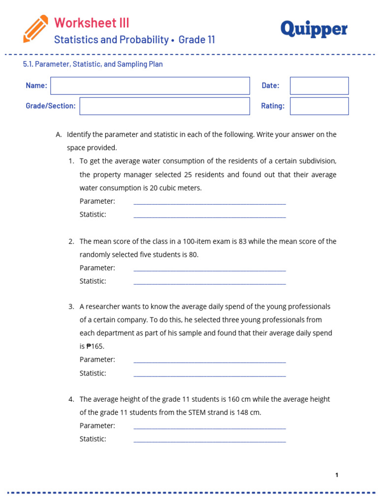 Worksheet 1 Parameter Statistics and Sampling Plan | PDF | Sampling ...