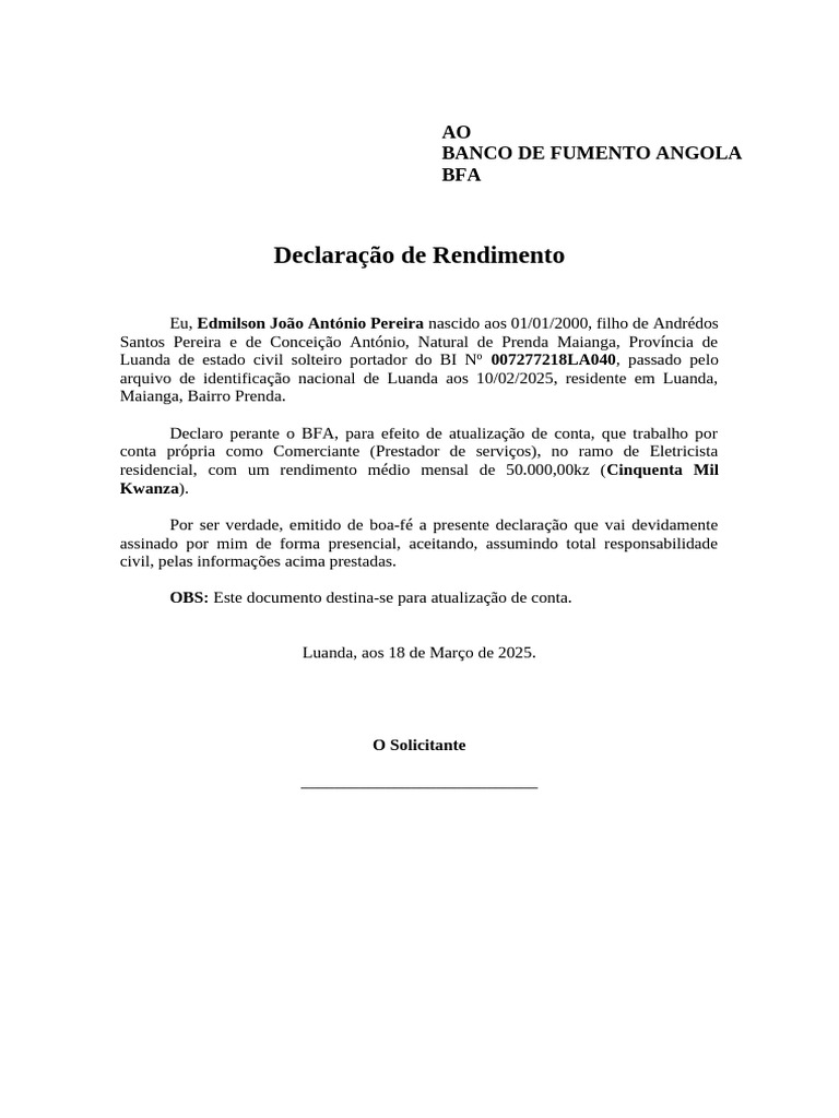 Declaração de Rendimento Bfa | PDF