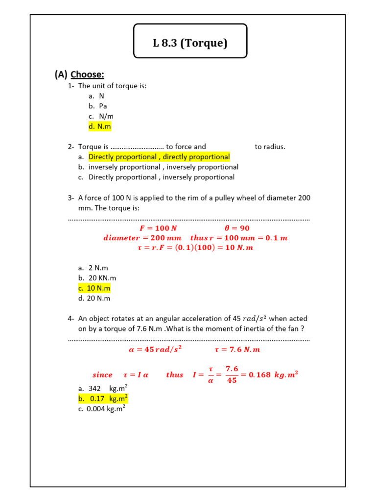 8.3 Torque-Model Answers | PDF