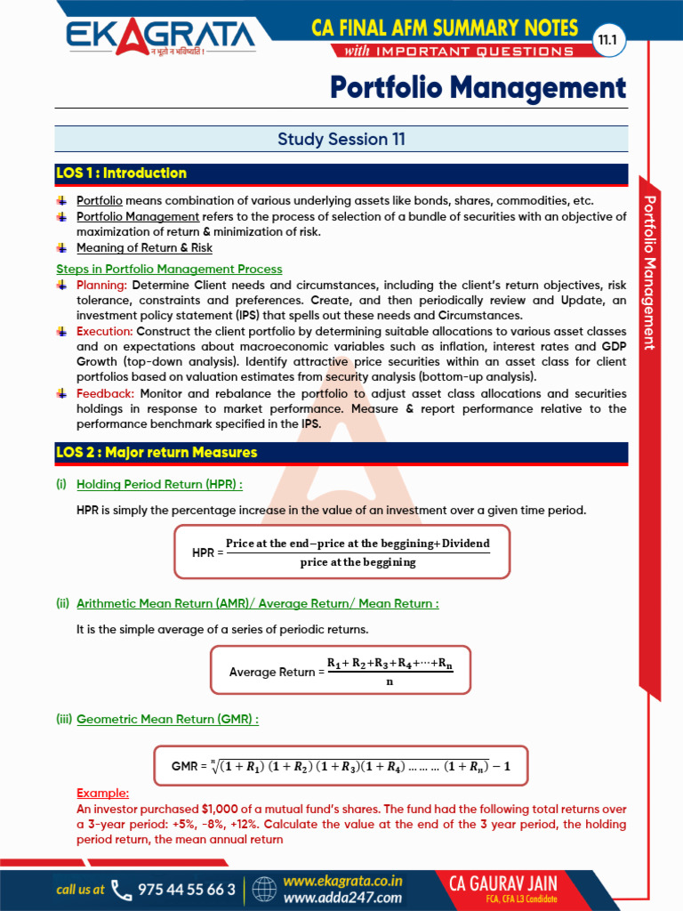 CA Final AFM Portfolio Management Summary With Important Questions | PDF | Financial Risk ...