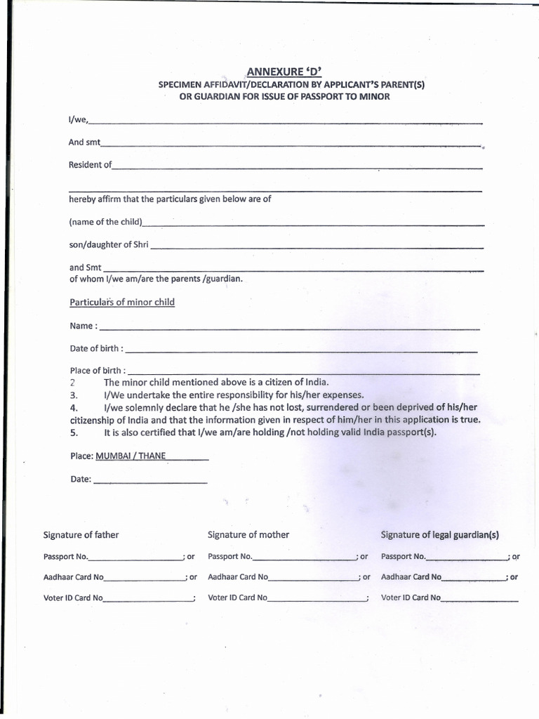 Annexure D for Minor Passport Application | PDF