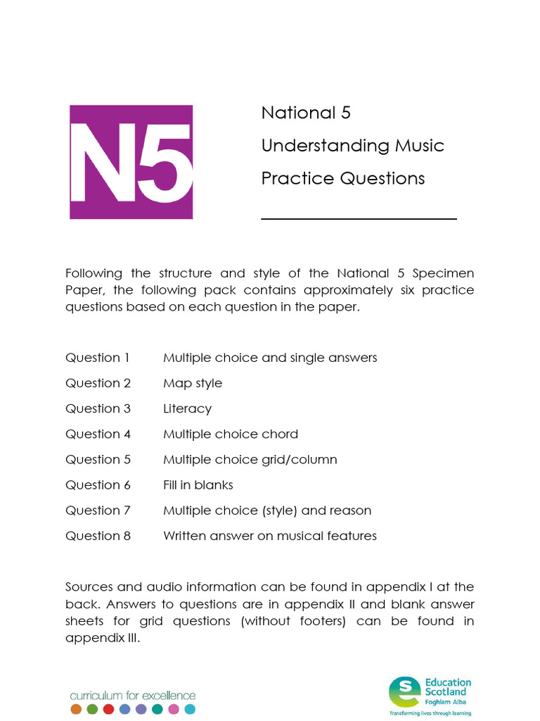 National 5 Practice Question Booklet | PDF | Tempo | Musical Instruments