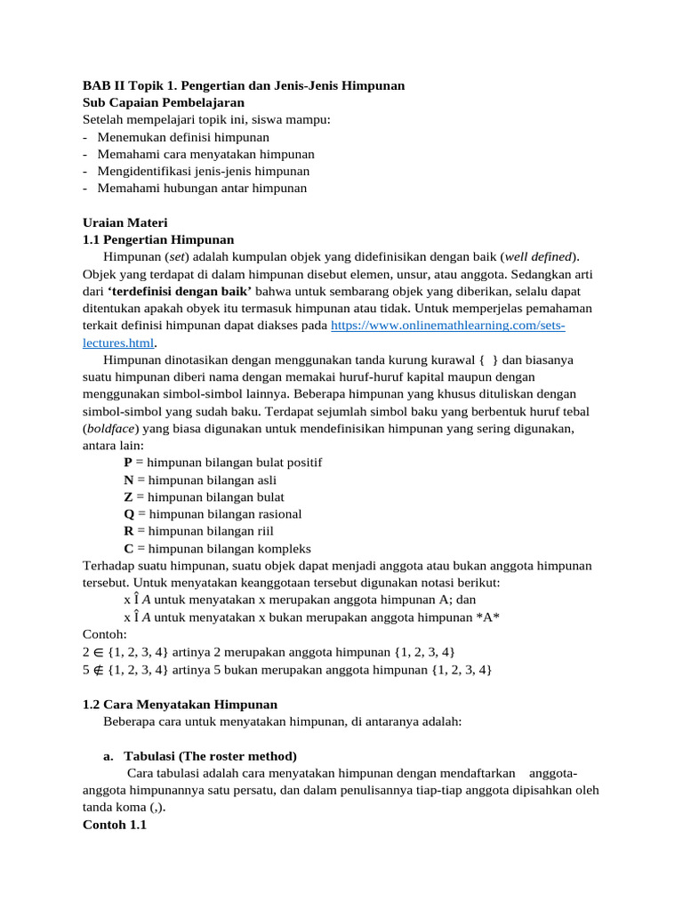 Topik 1 Pengertian Dan Jenis Jenis Himpunan - Docx KELOMPOK | PDF