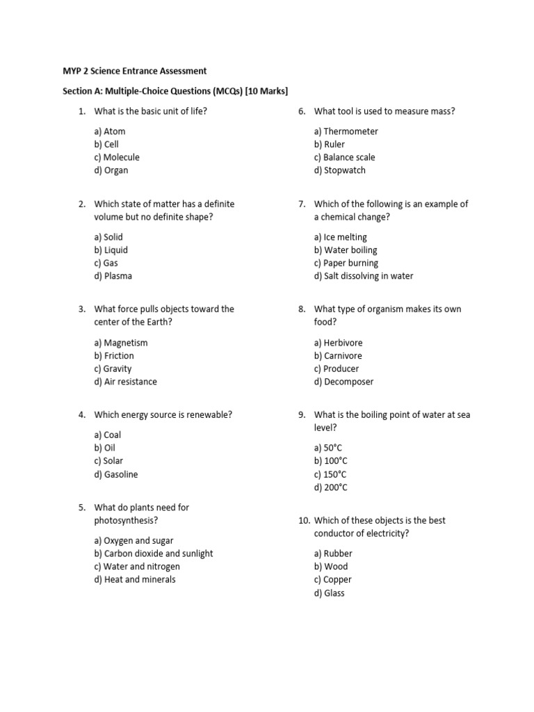 MYP 2 Science Entrance Assessment | PDF | Water | Ice
