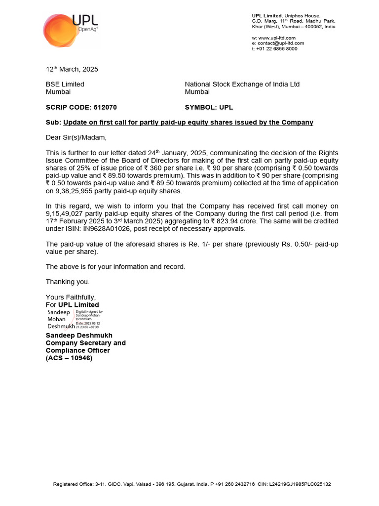 SCRIP CODE: 512070 Symbol: Upl Sub: Update On First Call For Partly ...