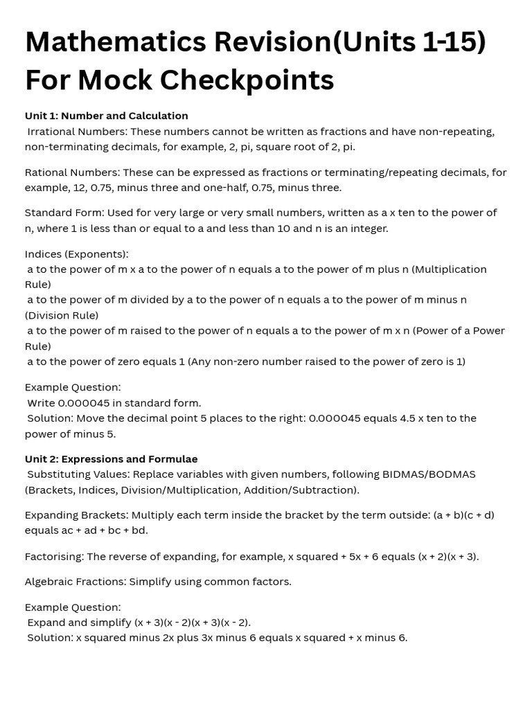 Mathematics Revision (Units 1-15) For Mock Checkpoints | PDF | Numbers ...