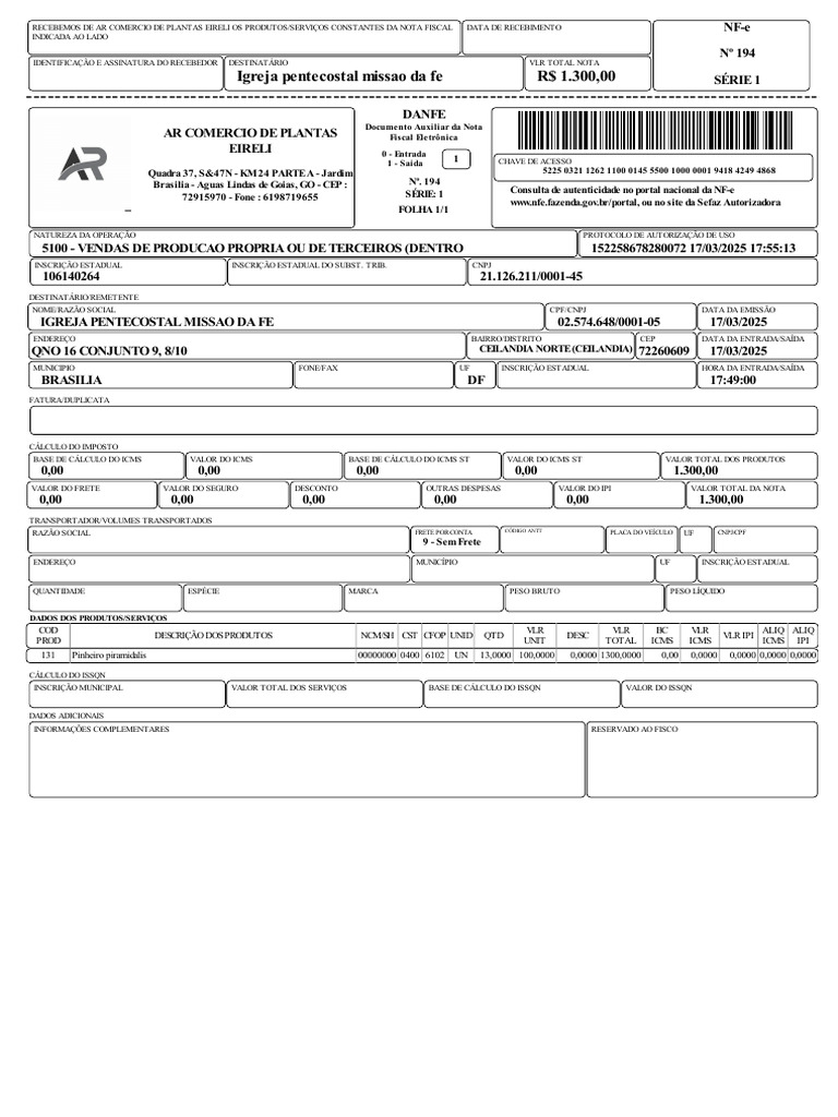 DANFE_52250321126211000145550010000001941842494868 | PDF | Brasil
