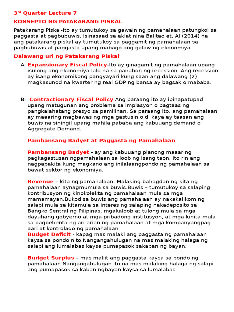 3rd Quarter Lecture 7 Konsepto NG Patakarang Piskal | PDF