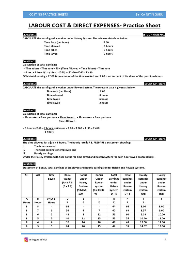 Labour Cost and Direct Expenses | PDF | Piece Work | Overtime