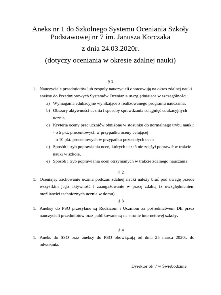 Aneks NR 1 Do Szkolnego Systemu Oceniania Zdalne Ocenianie | PDF