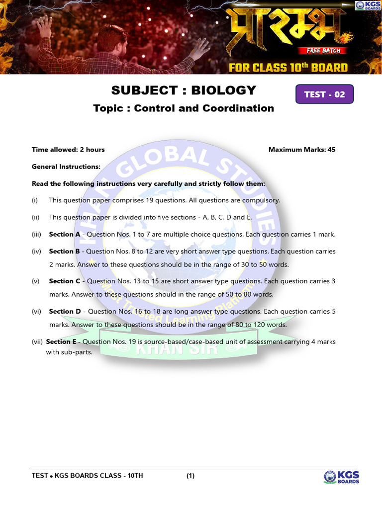 Class 10 Biology Test: Control & Coordination | PDF | Endocrine System ...