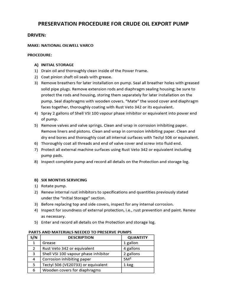 Preservation Procedure For Crude Oil Export Pumps & Driver | PDF | Pump ...