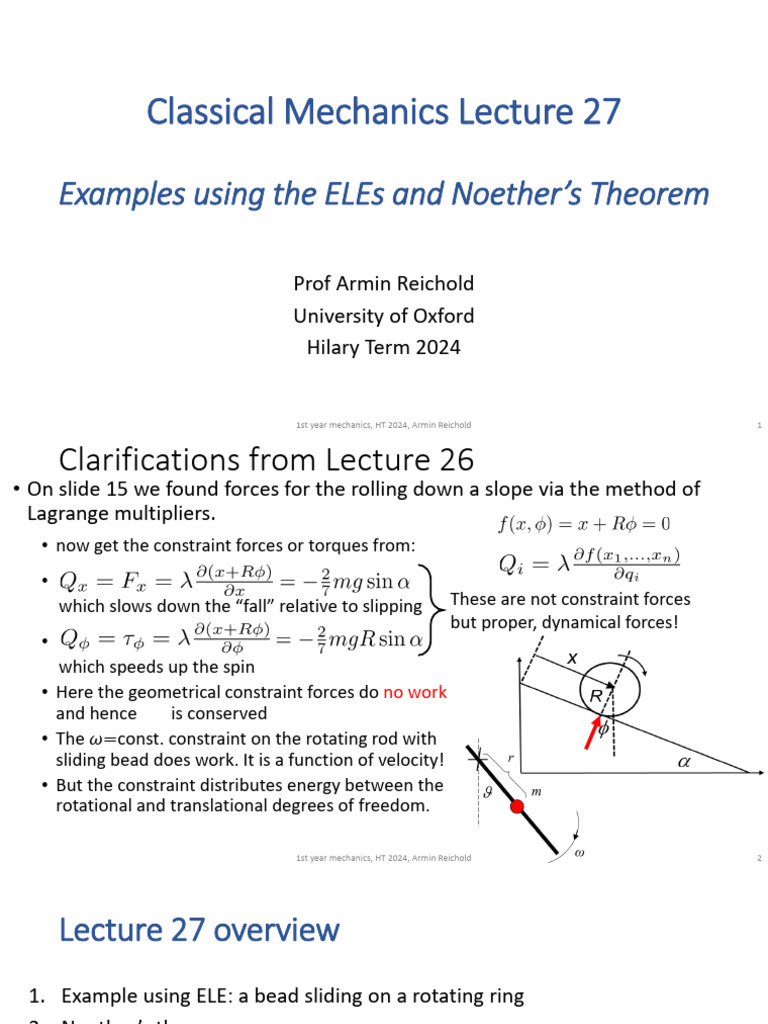 CP1 Lecture27 HT2024 Reichold v4 | PDF | Lagrangian Mechanics | Noether ...
