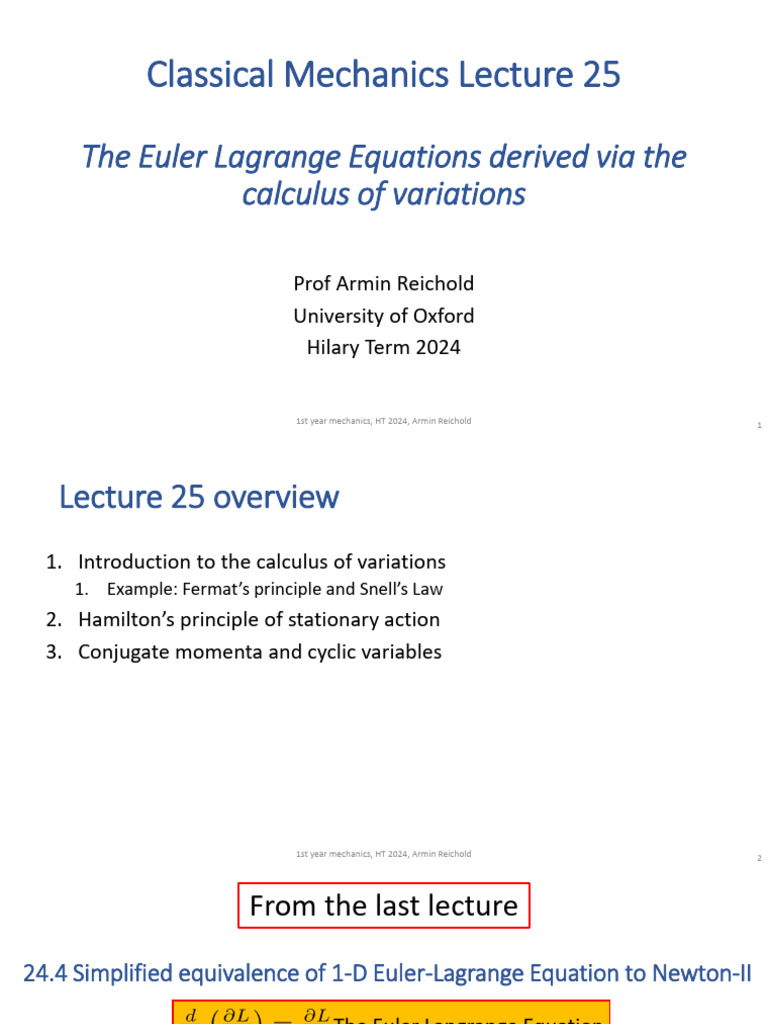 CP1 Lecture25 HT2024 Reichold v1 | PDF | Calculus Of Variations | Euler–Lagrange Equation