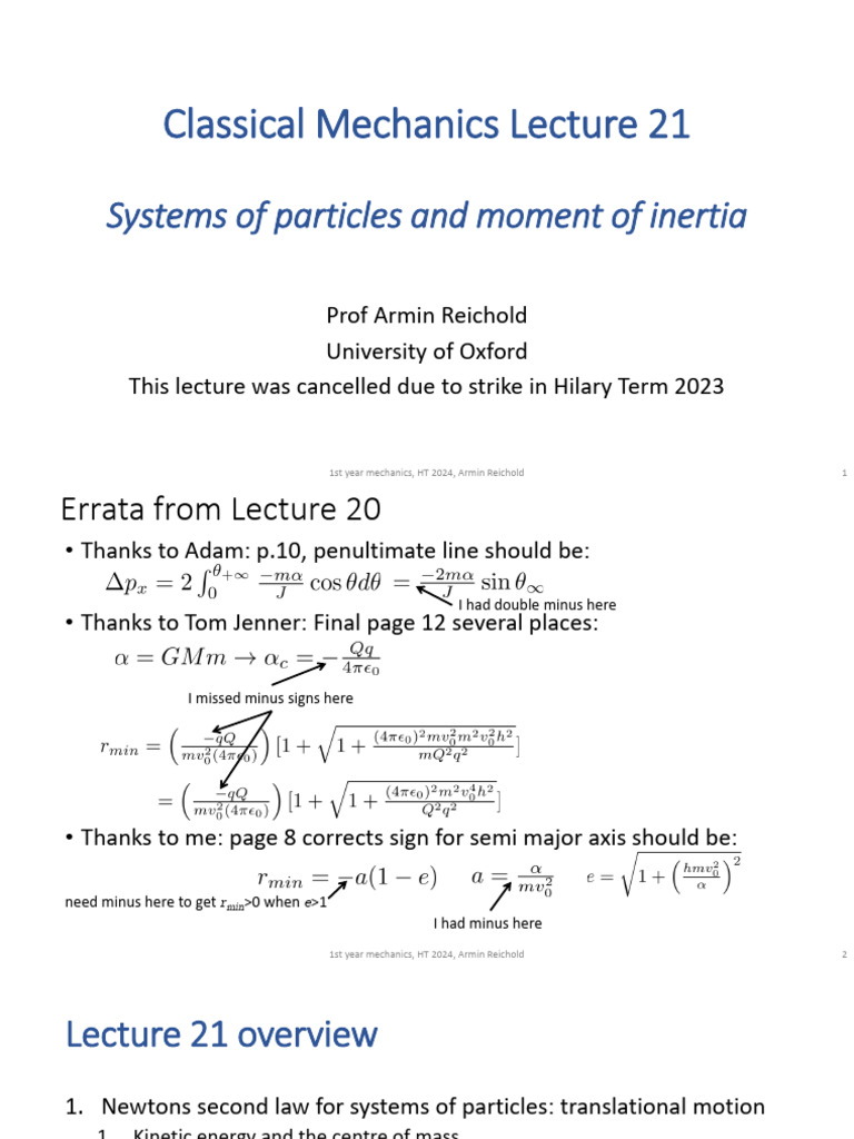 CP1 Lecture21 HT2024 Reichold v1 | PDF | Angular Momentum | Rotation ...