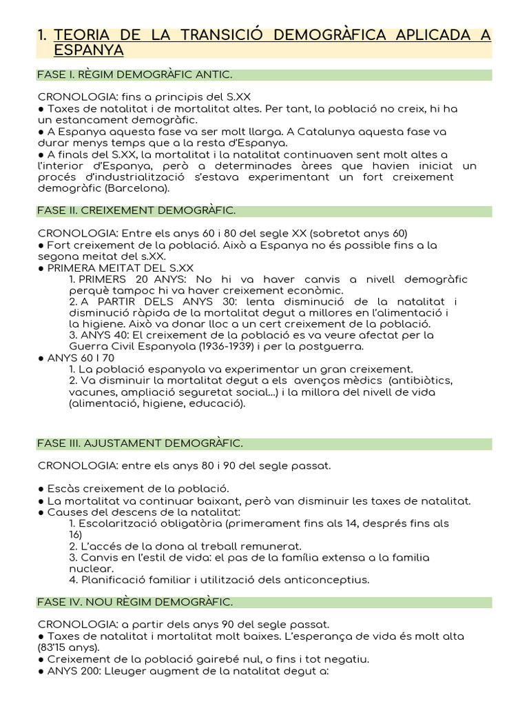 2n BATX GEO - TEMA 3 TEORIA DE LA TRANSICIÓ DEMOGRÀFICA APLICADA A ESPANYA | PDF
