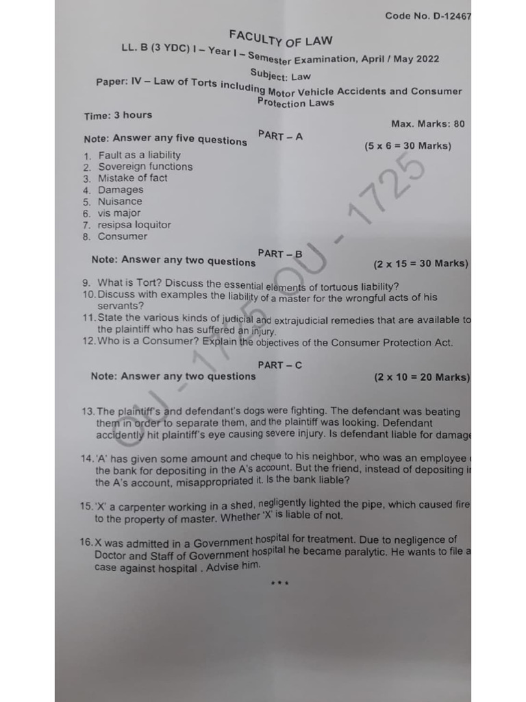 LLB 1st Sem Previous Question Papers | PDF