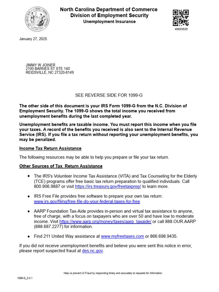 2024 NC Form 1099-G for Unemployment | PDF | Internal Revenue Service ...