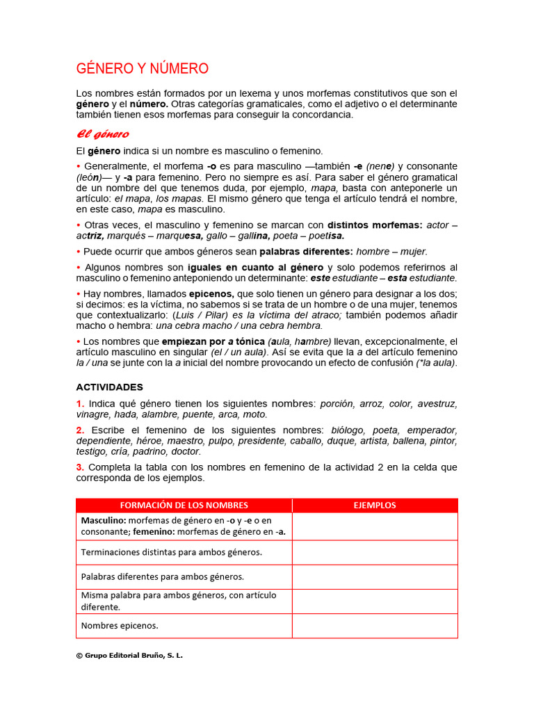 Género y número en los nombres | PDF | Género gramatical | Numero ...