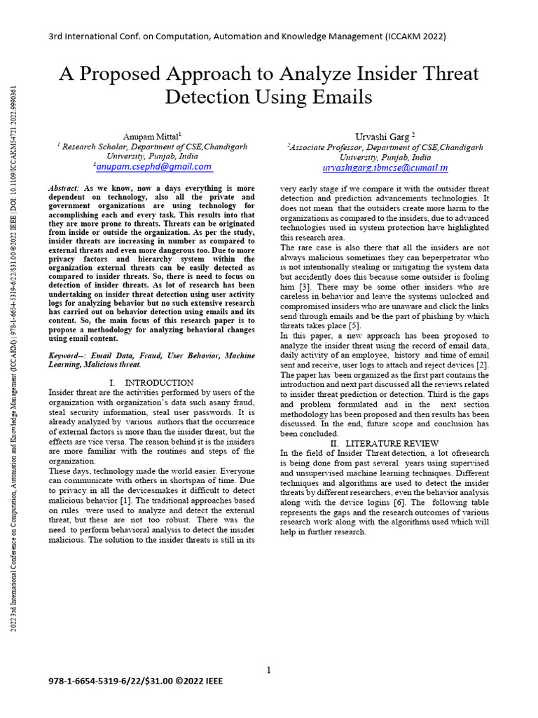 1a Proposed Approach To Analyze Insider Threat Detection Using Emails