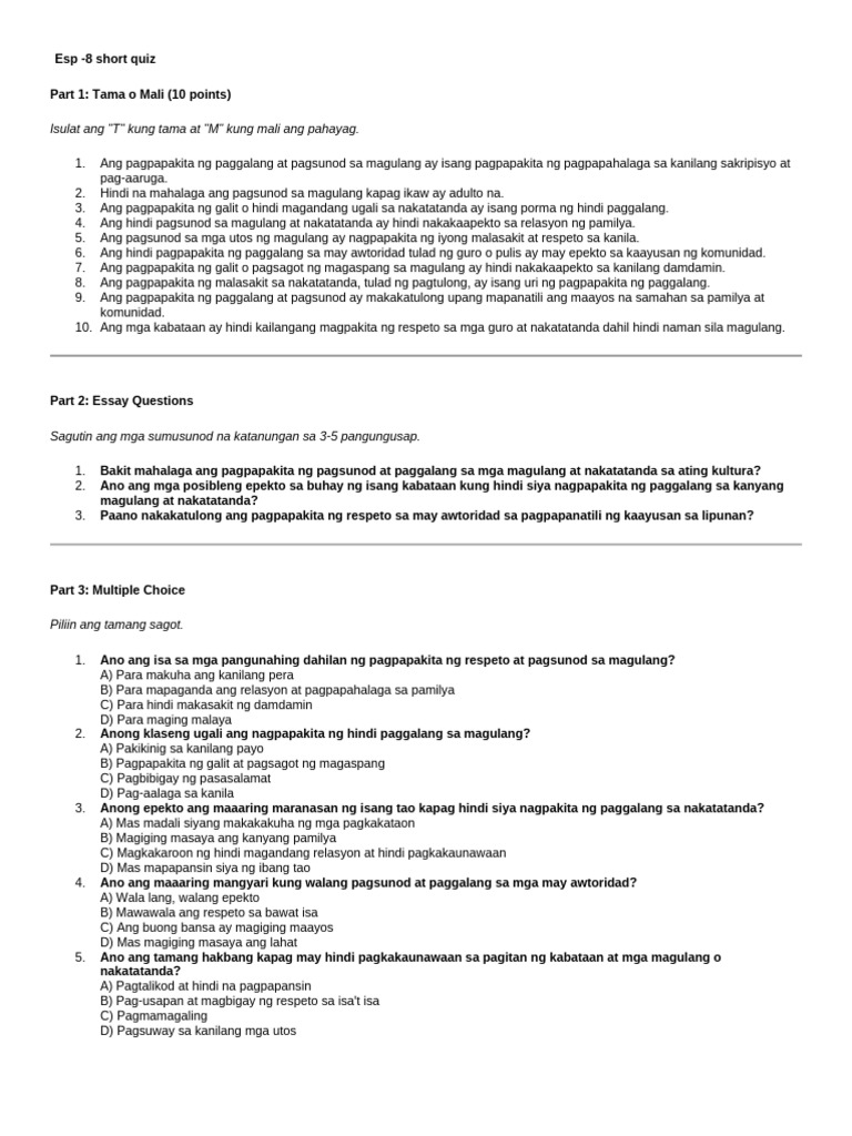 q3 Esp8 Long Quiz | PDF