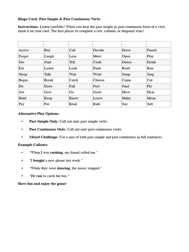 Past Simple & Continuous Bingo Game | PDF