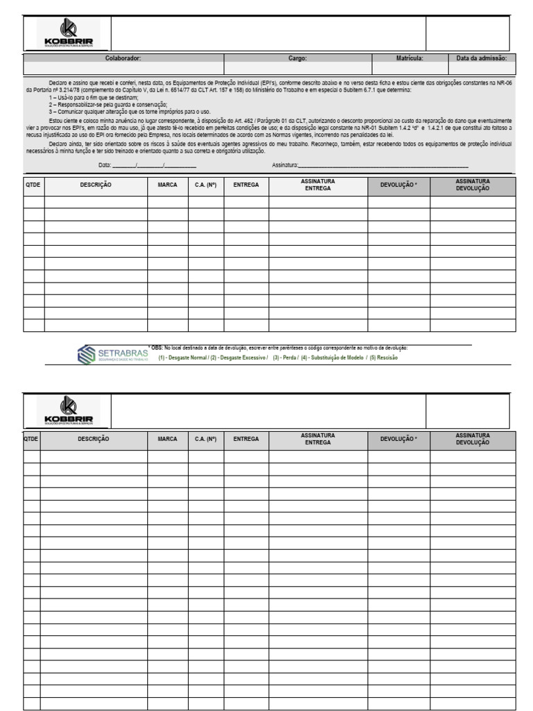 FICHA DE EPI WALTER BARROS DA SILVA | PDF