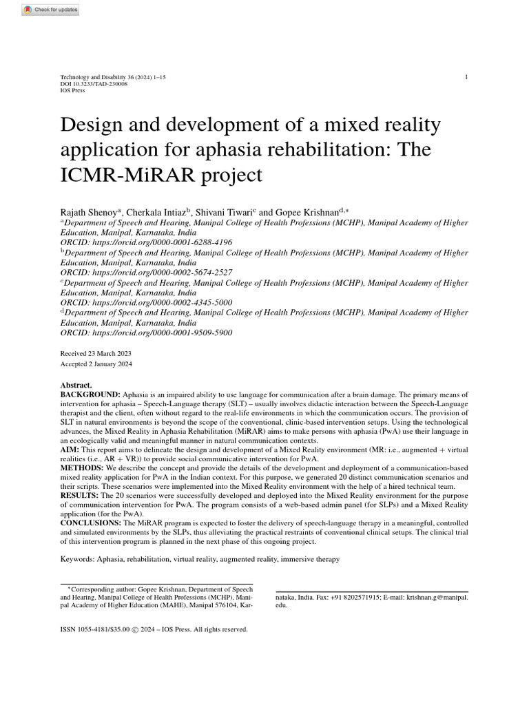 Design and Development of A Mixed Reality Application For Aphasia Rehabilitation The ICMR-MiRAR ...