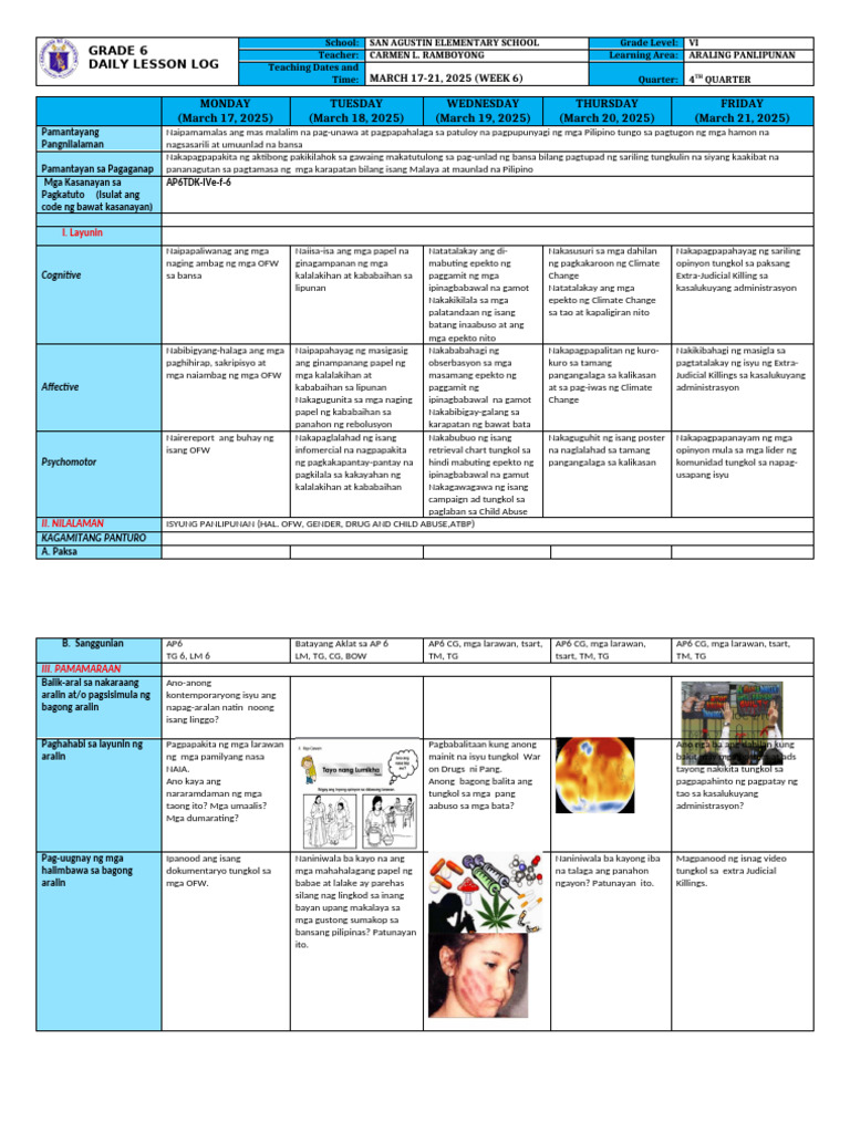 DLL - Araling Panlipunan 6 - Q4 - W6 | PDF