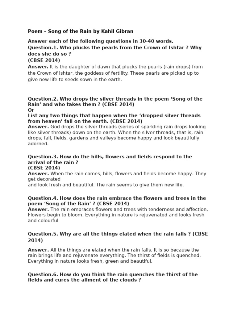 Question Answers of Peom - Oh I Wish I'd Looked After Me Teeth and Song of The Rain | PDF | Oral ...