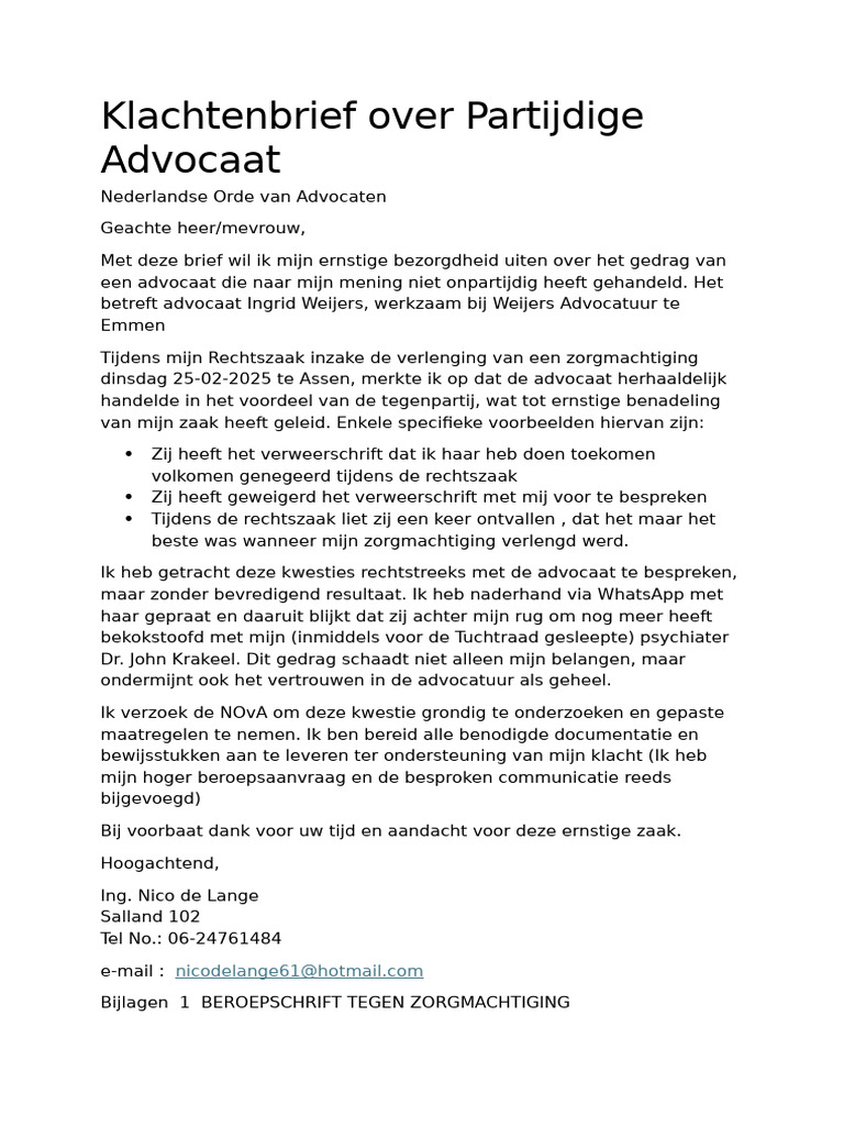 Klachtenbrief over Partijdige Advocaat | PDF