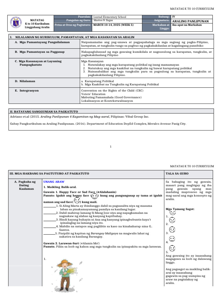 DLL Matatag - Araling Panlipunan 4 Q4 W5 | PDF