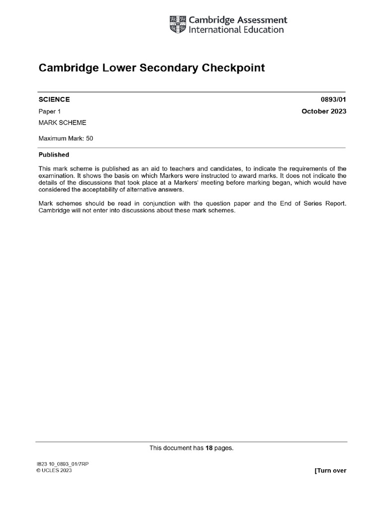 Science Checkpoint Paper 1 Mark Scheme - October 2023 | PDF