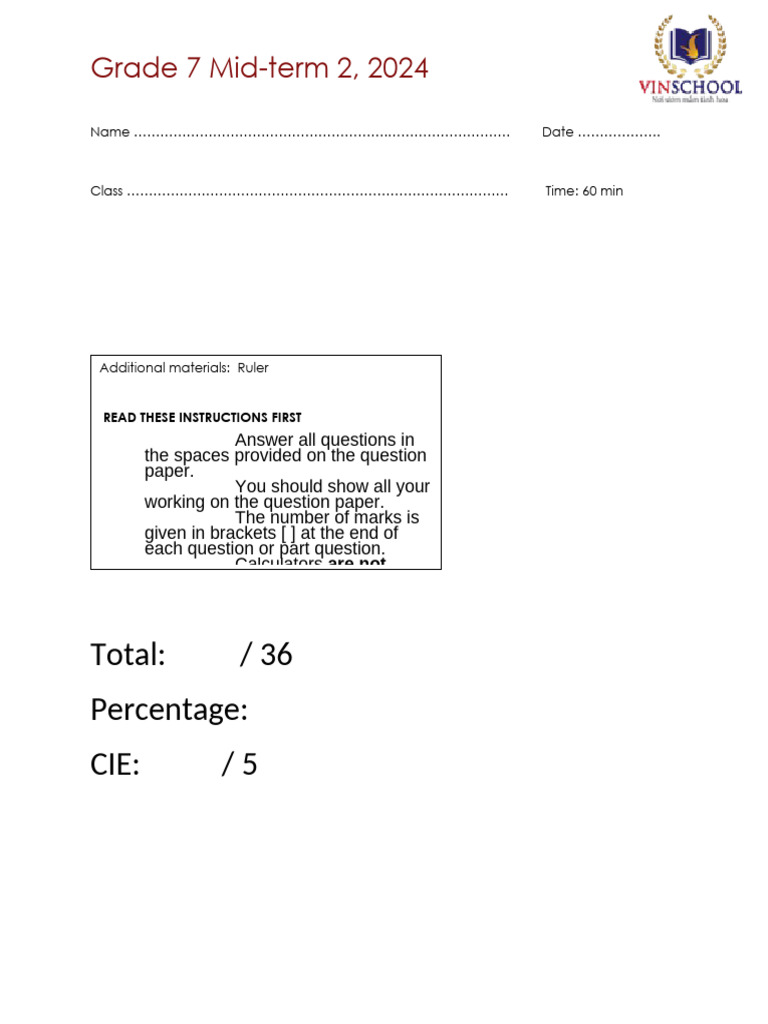 Grade 7 Math Mid Term 2 Test 2024 | PDF | Triangle | Elementary Geometry