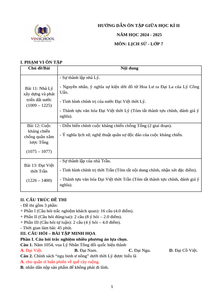 Lịch Sử 7_hướng Dẫn Ôn Tập Giữa Hkii | PDF