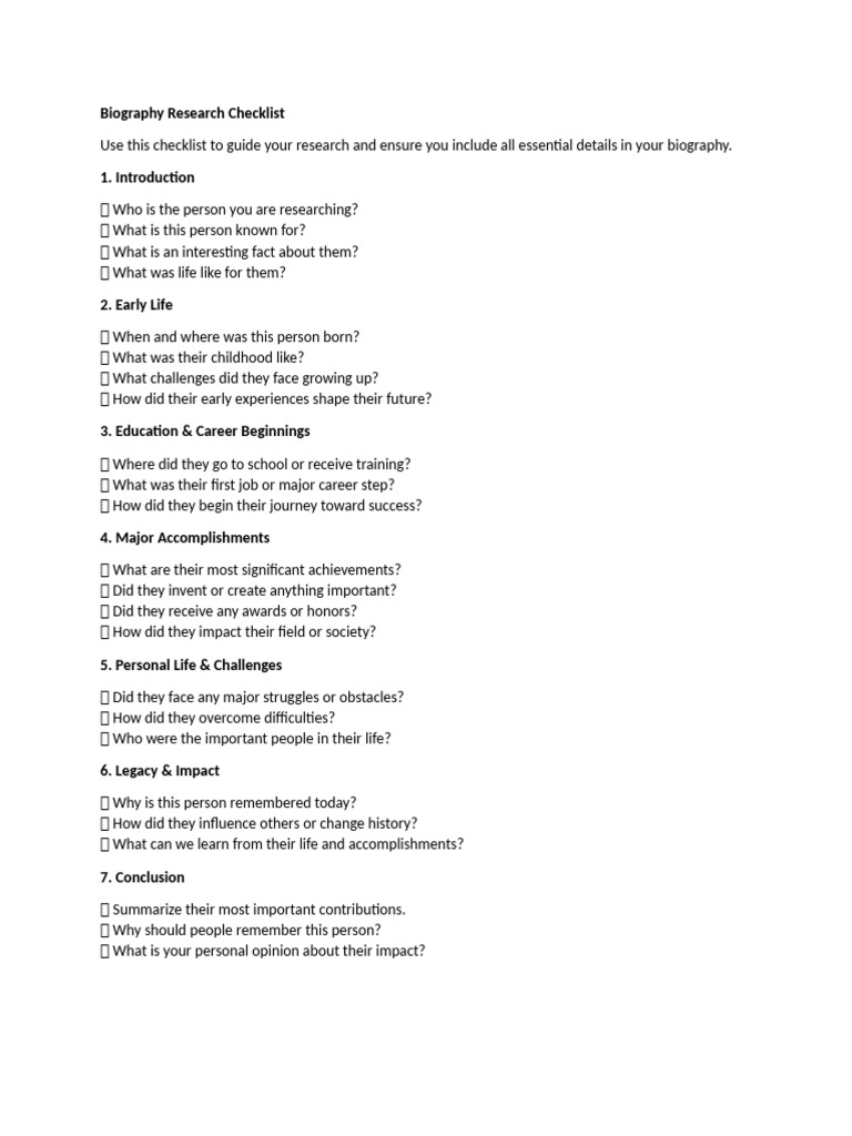 Biography Research Guide Checklist | PDF