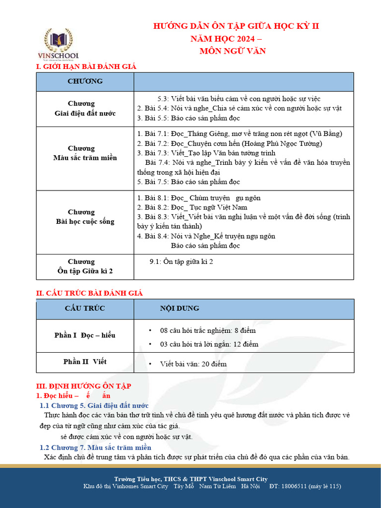 NV7 - Hướng Dẫn Ôn Tập Giữa Học Kì II - FINAL | PDF