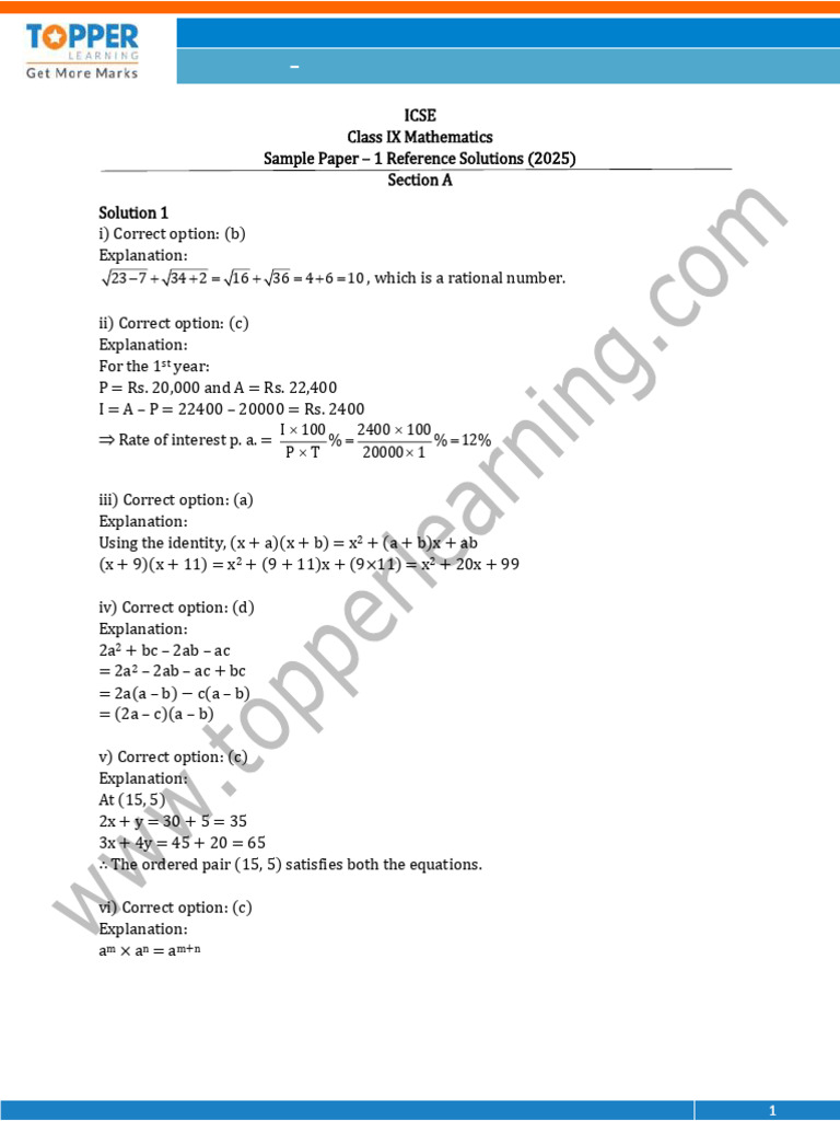 ICSE IX Mathematics Sample Paper Solutions | PDF | Triangle | Area