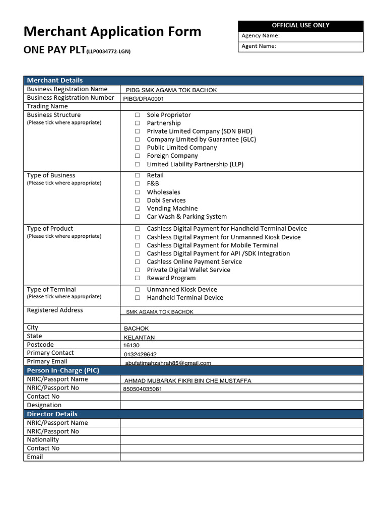 ONE PAY PLT Merchant Application Form | PDF | Business | Private Law