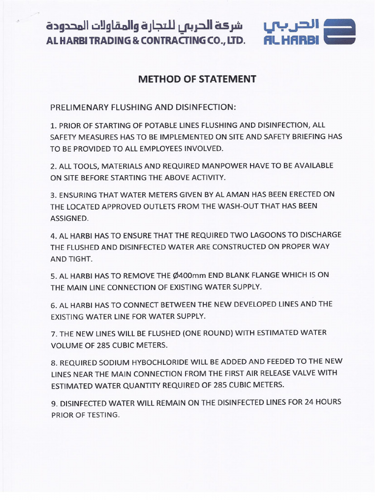 Method of Statement For Preliminary Flushing and Complete Disinfection ...
