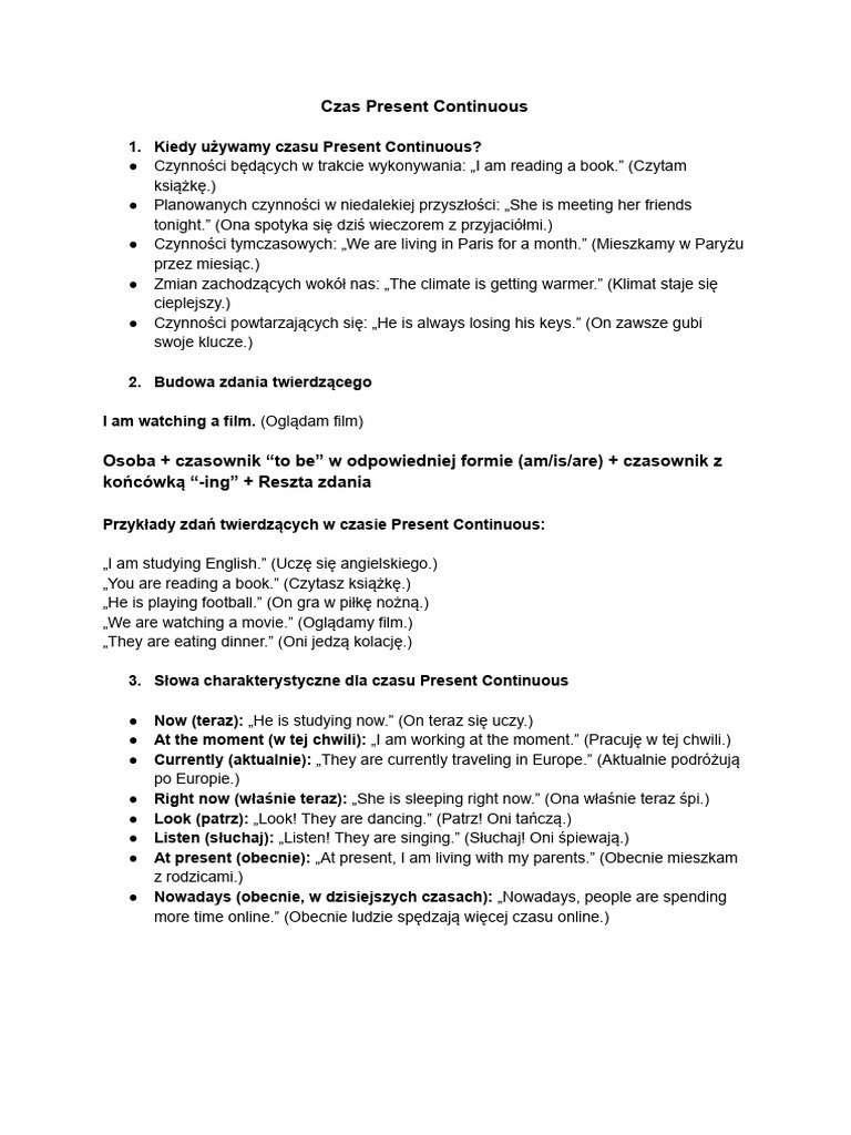 Czas Present Continuous | PDF