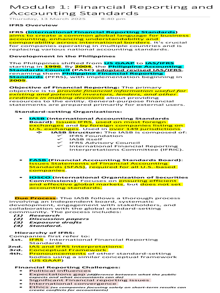 Notes Module 1 - Financial Reporting and Conceptual Framework | PDF