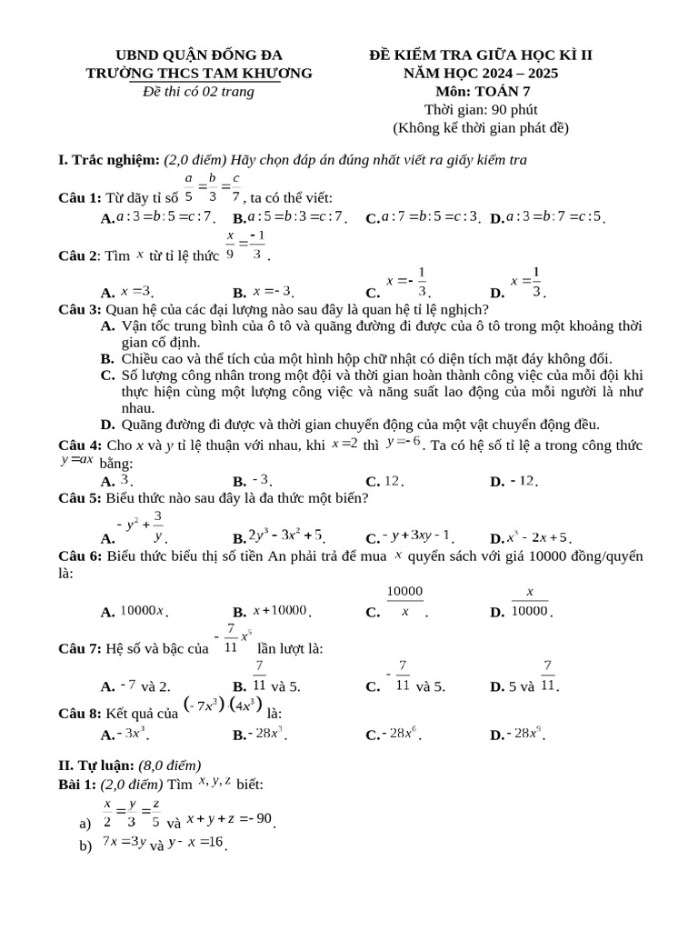 Toan 7-De Thi Gk2 Tam Khuong 24-25 | PDF