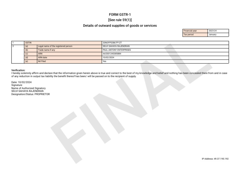 FIN AL: Form Gstr-1 (See Rule 59 (1) ) Details of Outward Supplies of ...