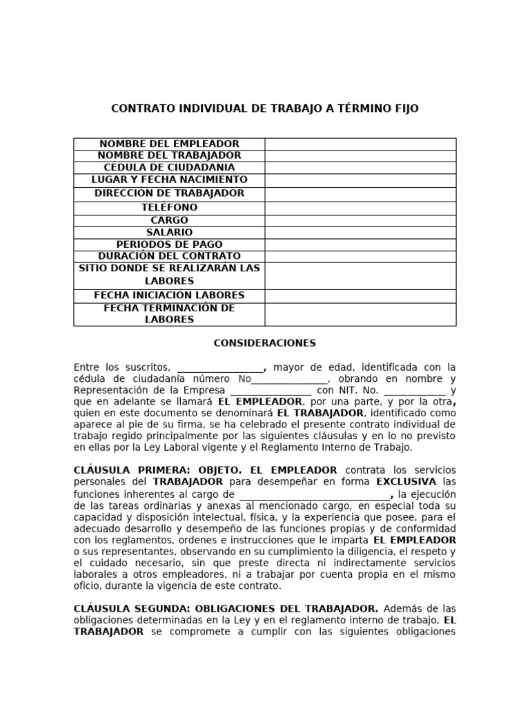 Contrato de Trabajo a Término Fijo | PDF | Derecho laboral | Business