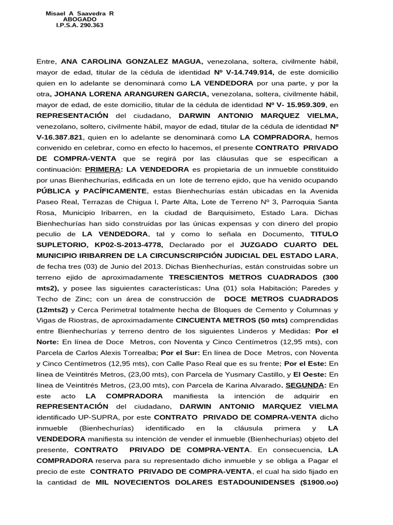 Fanny y Dany Tocuyano. Documento Compra Venta - . | PDF